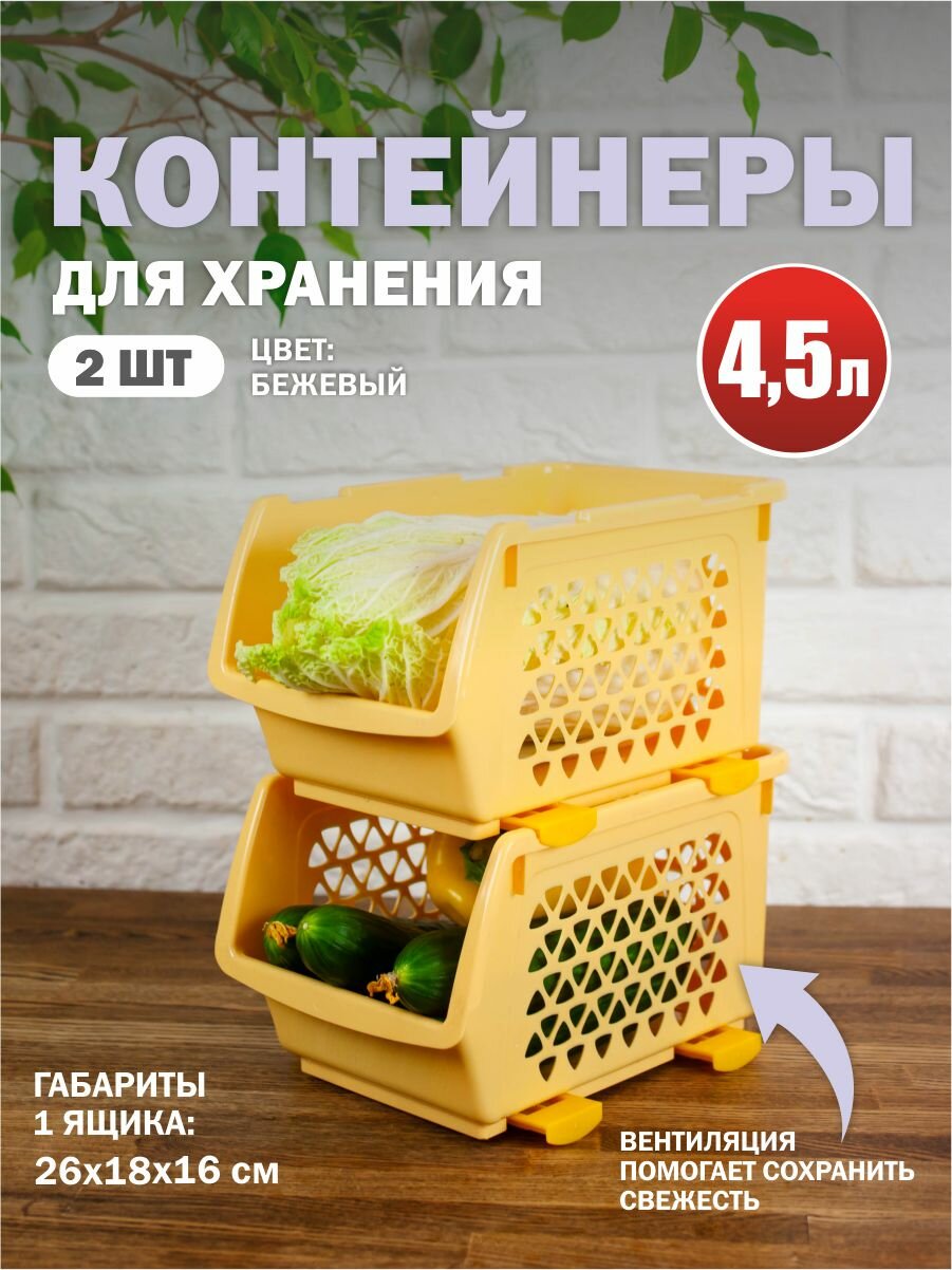 Комплект из 2 штук ящики для овощей Интерм 4,5л бежевый