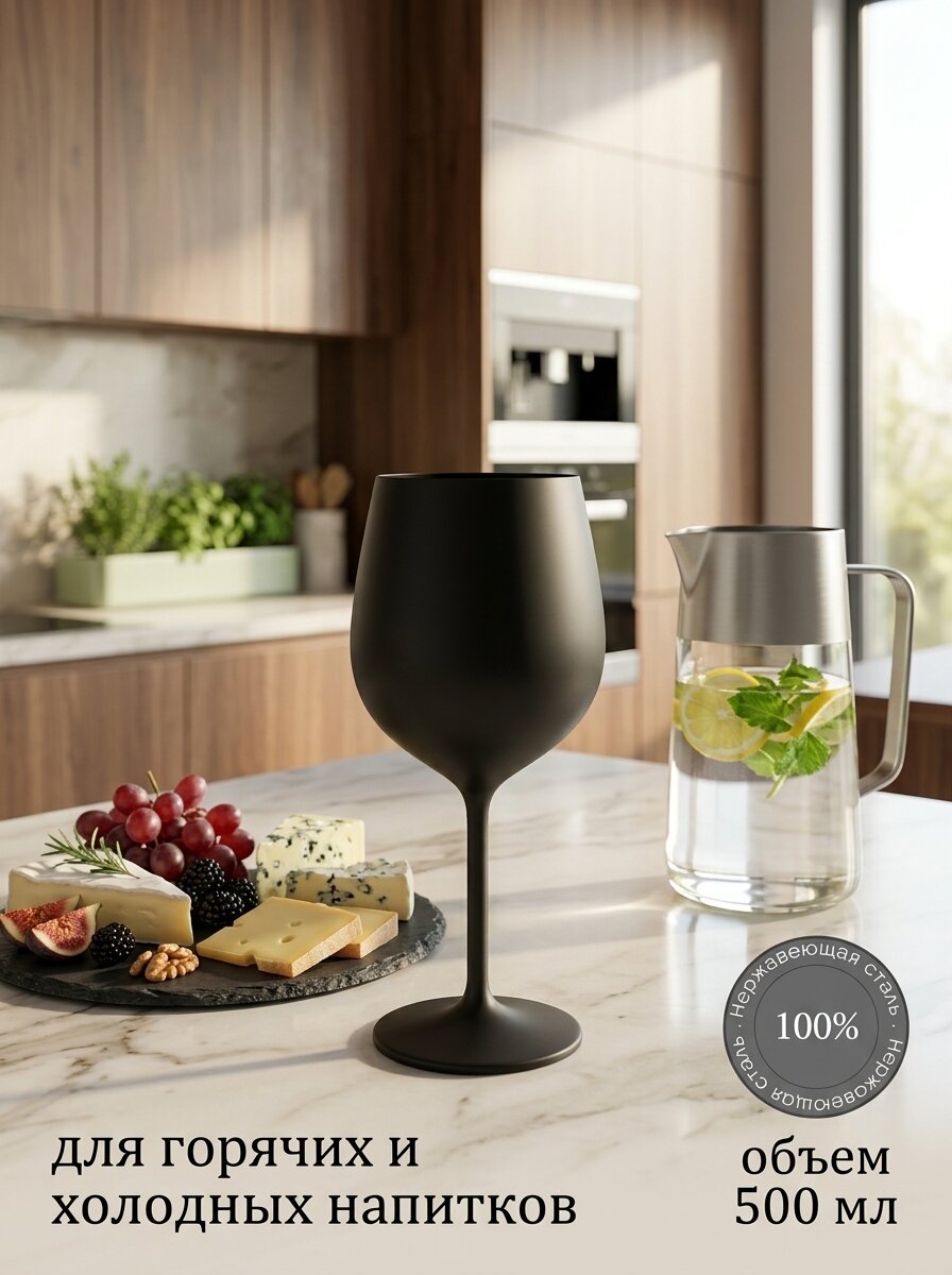 Бокал для вина металлический, матовый, черный 500 мл, 1 штука