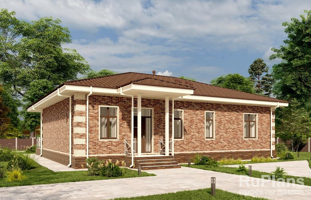 Одноэтажный дом с крыльцом, террасой и тремя спальнями (139 м2, 16м x 16м) Rg6537
