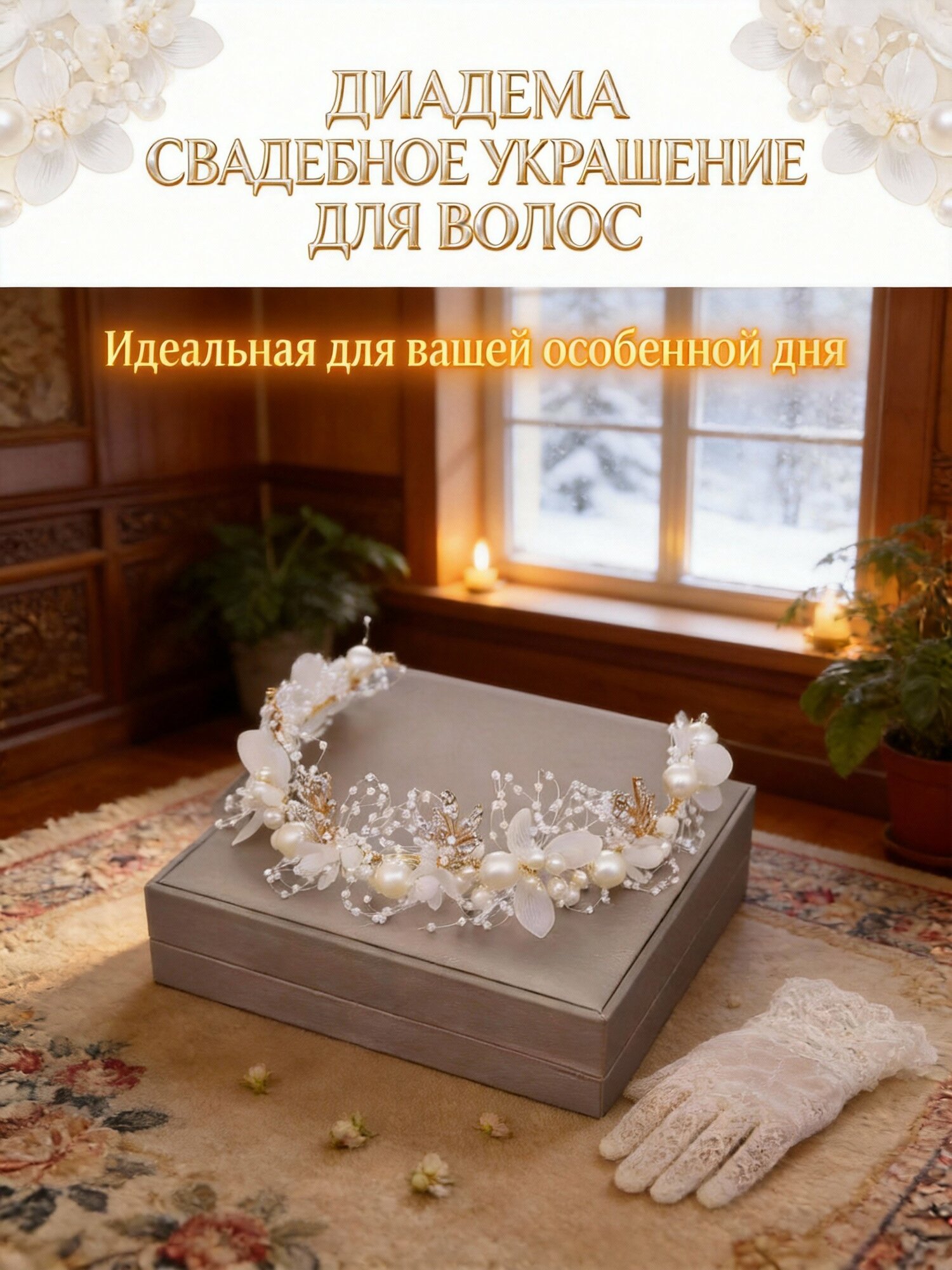 Свадебная диадема для невесты с жемчугом и цветочными элементами, светло-золотисто-белая с золотыми листьями, в коробке
