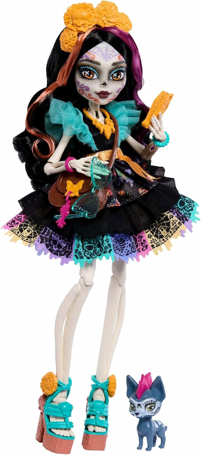 Кукла Monster High Skelita Calaveras Doll in Colourful Papel Picado Dress with Dog Candelita, Скелита Калаверас в красочном платье Papel Picado с собачкой Канделита