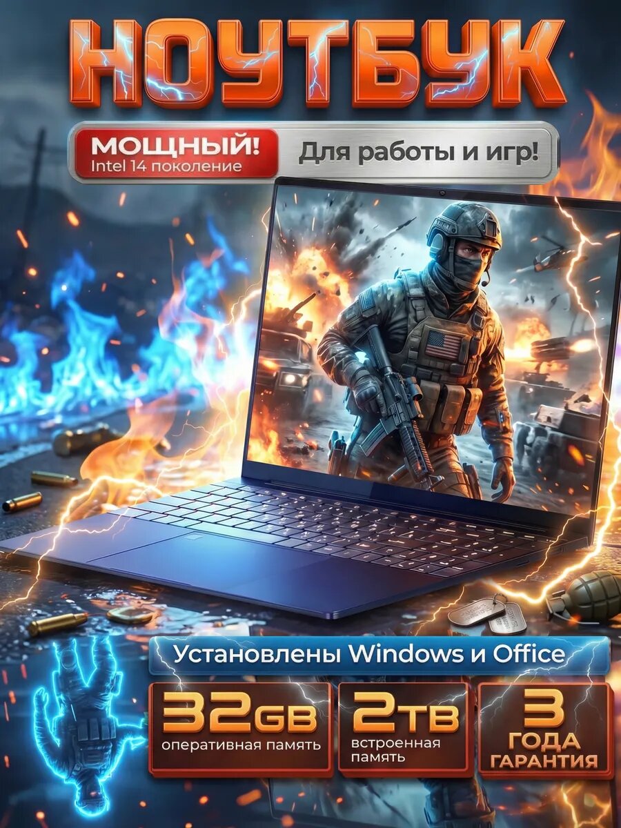 Ноутбук игровой 2026 Intel H-series, RAM 32GB, SSD 2048GB, IPS + Windows, Office