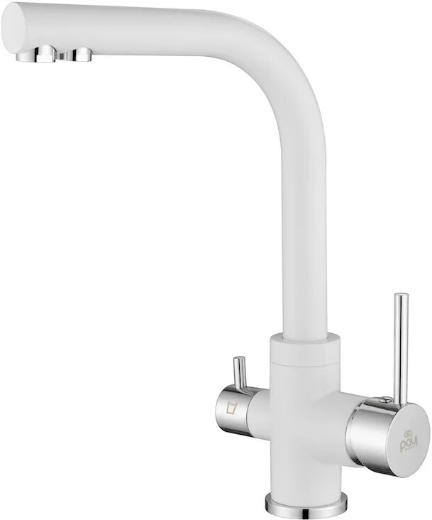 Смеситель для кухни Paulmark Essen Es213011-431 с краном для питьевой воды, с поворотным изливом, белый, матовый, однорычажный, с керамическим картриджем