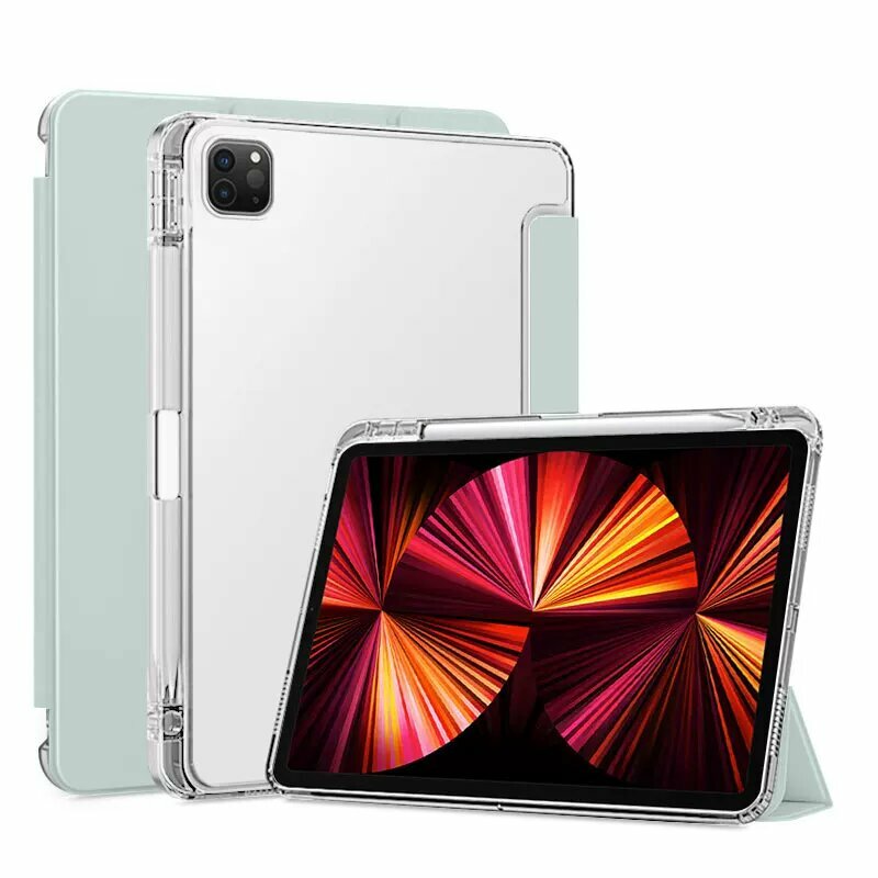 IPad Pro 2021 12.9-дюймовый магнитный три-сгибаемый чехол с отсеком для ручки - Свежий Зеленый с закаленным стеклом