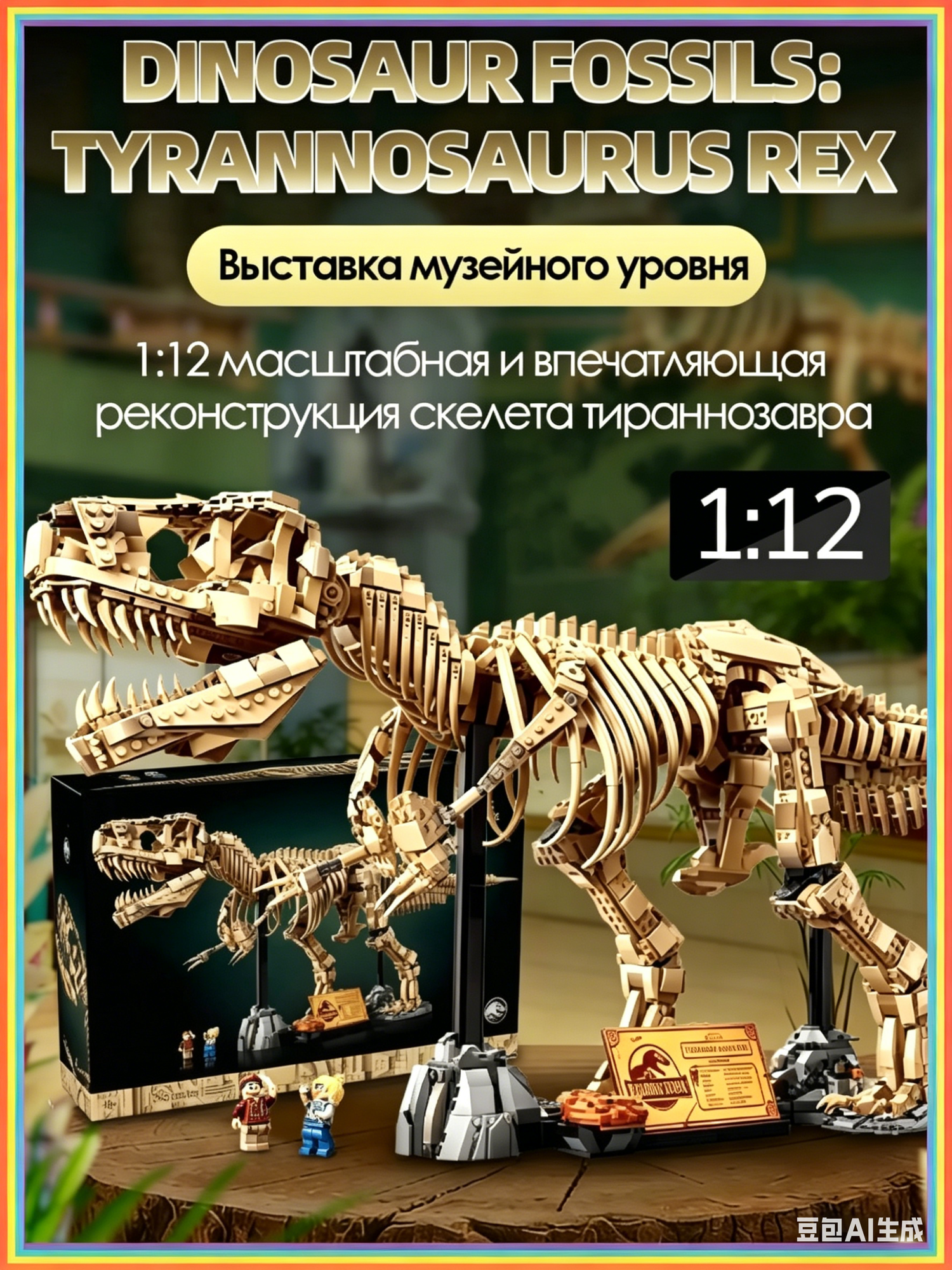 Коллекционная модель скелета тираннозавра из серии "Война народов Юрского периода", 3145 деталей, Деревянная