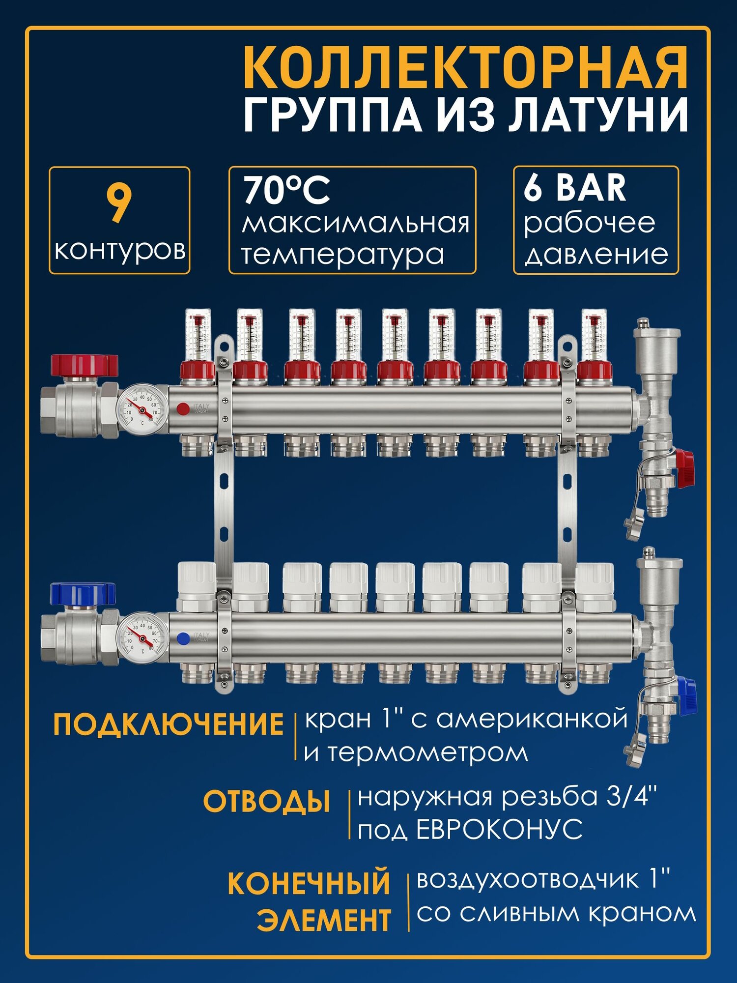Коллектор для теплого пола, 9 контуров, коллекторная группа отопления, латунь