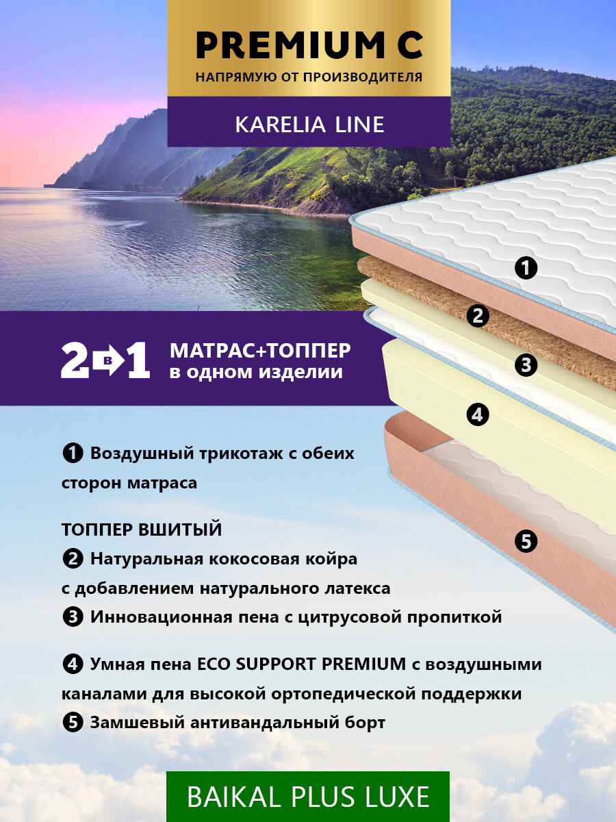 Матрас 60х120 см на кровать и диван беспружинный, ортопедический, двусторонний с кокосом, средней и высокой жесткости, анатомический — фото 1