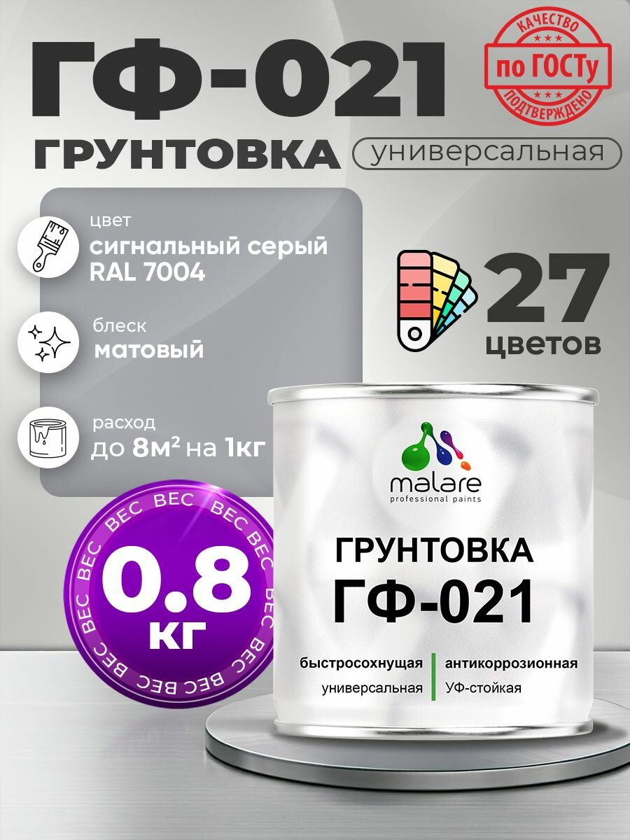Грунтовка ГФ-021 универсальная для металла, по дереву, для минеральных поверхностей, быстросохнущая, RAL 7004, сигнальный серый, матовая, 0,8 кг