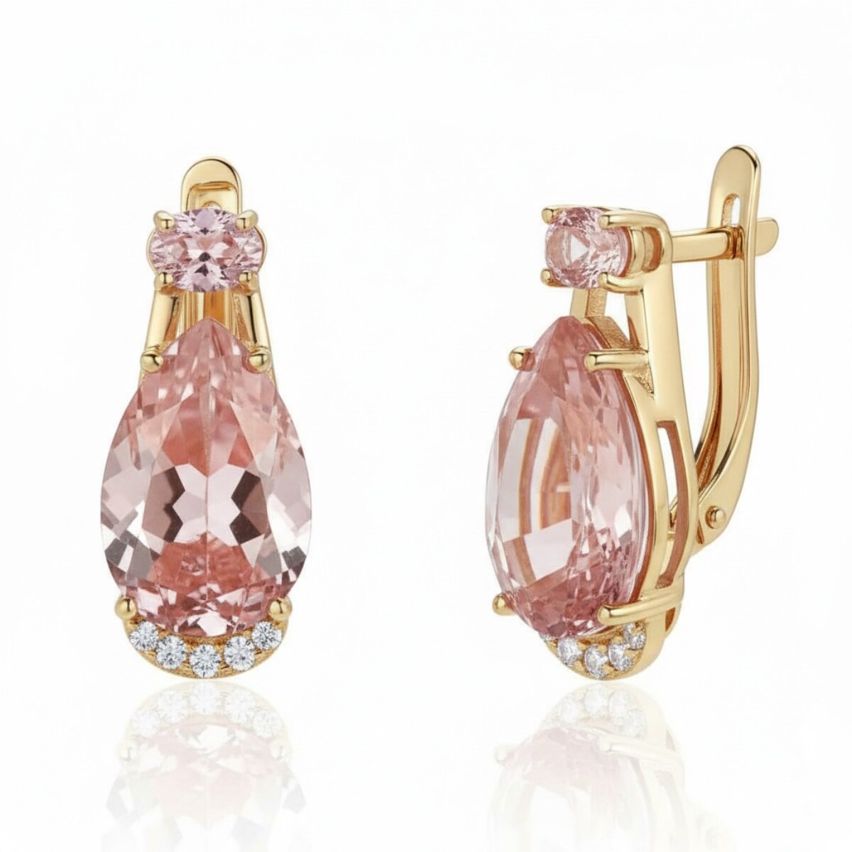 Серьги, желтое золото, 585 проба, морганит, фианит