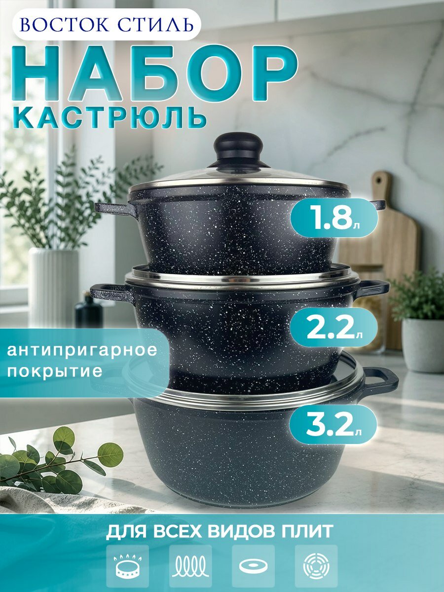 Набор кастрюль Восток Стиль, с антипригарным покрытием, для индукции, черный, 1,8/2,2/3,2л