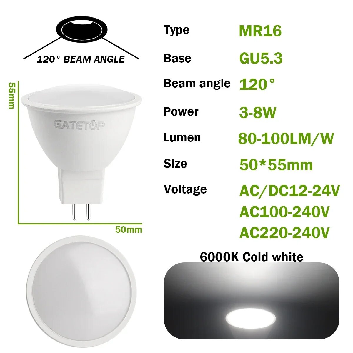 Светодиодные лампы Gatetop GU5.3 MR16 12В 220В 10 шт. Зеленый, 120 degrees 6000K, AC DC 12-24V, 3w