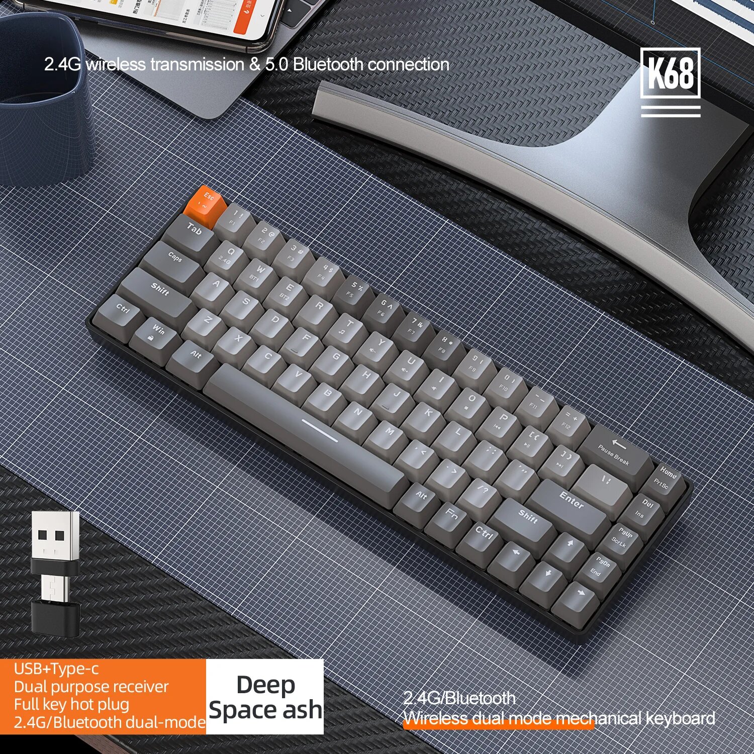 Беспроводная механическая клавиатура Ziyoulang K68 Grey