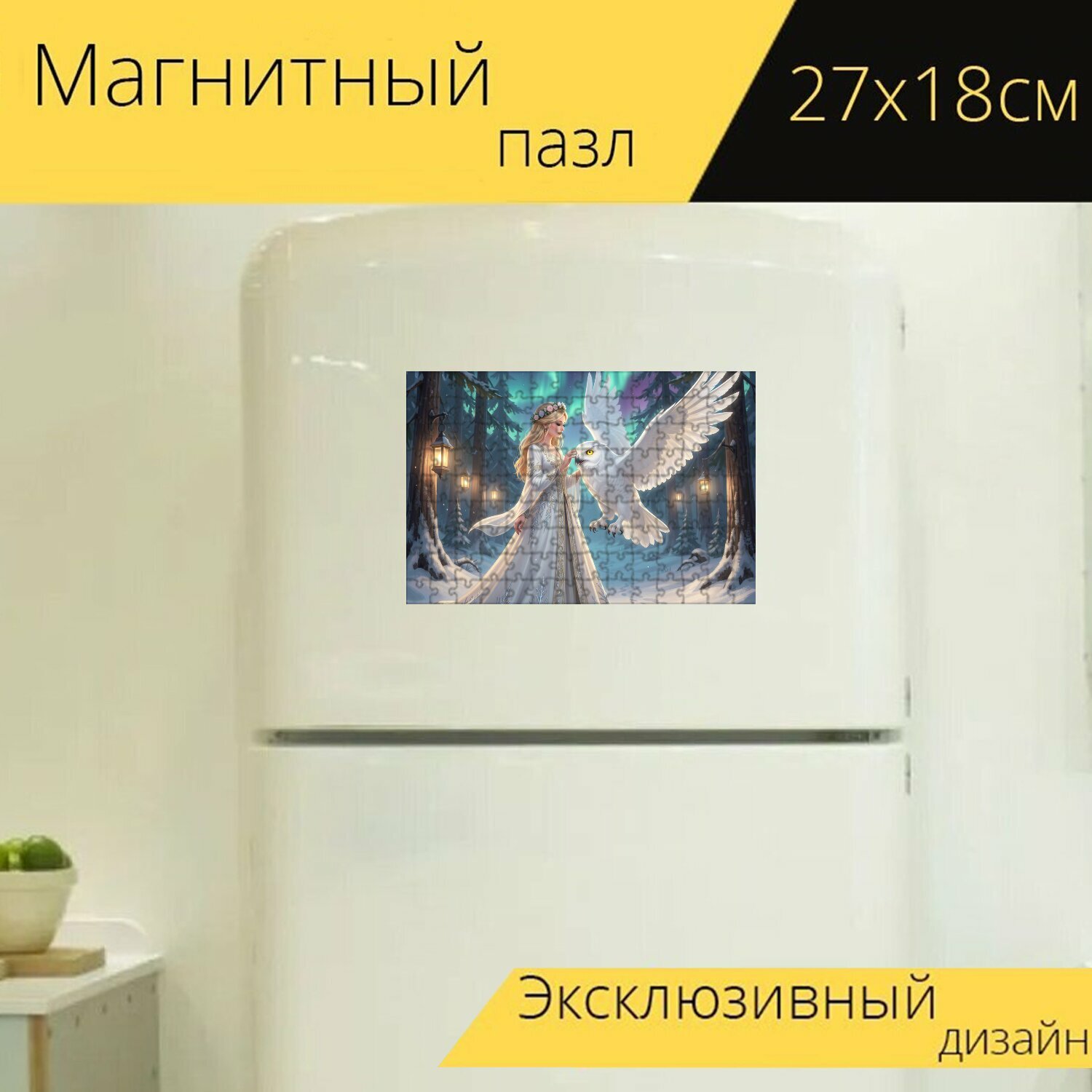 Магнитный пазл "Лесная нимфа с совой. Сказочная девушка в светлом наряде и белая полярная птица среди заснеженного леса, северное сияние, мягкое." на холодильник 27 x 18 см.