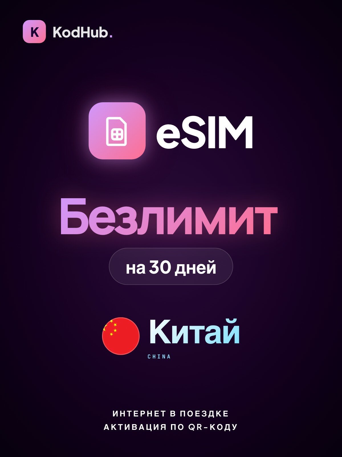 Туристическая eSIM Китай безлимит на 30 дней | интернет в поездке, связь за границей | QR-код активации