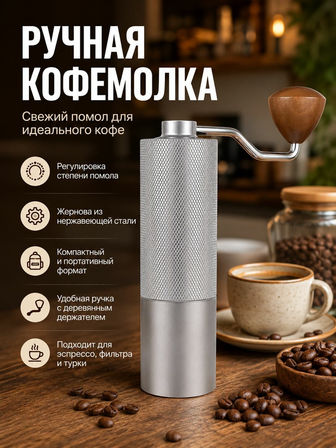Нержавеющая сталь ручная кофемолка с регулировкой помола, 7-звездочный помол, серебристая