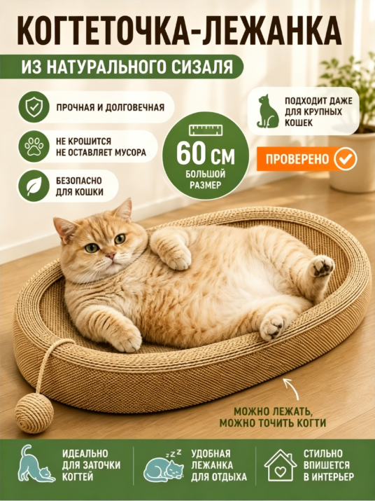 Когтеточка-лежанка для кошек из сизали крупного размера, прочная, не оставляет опилок