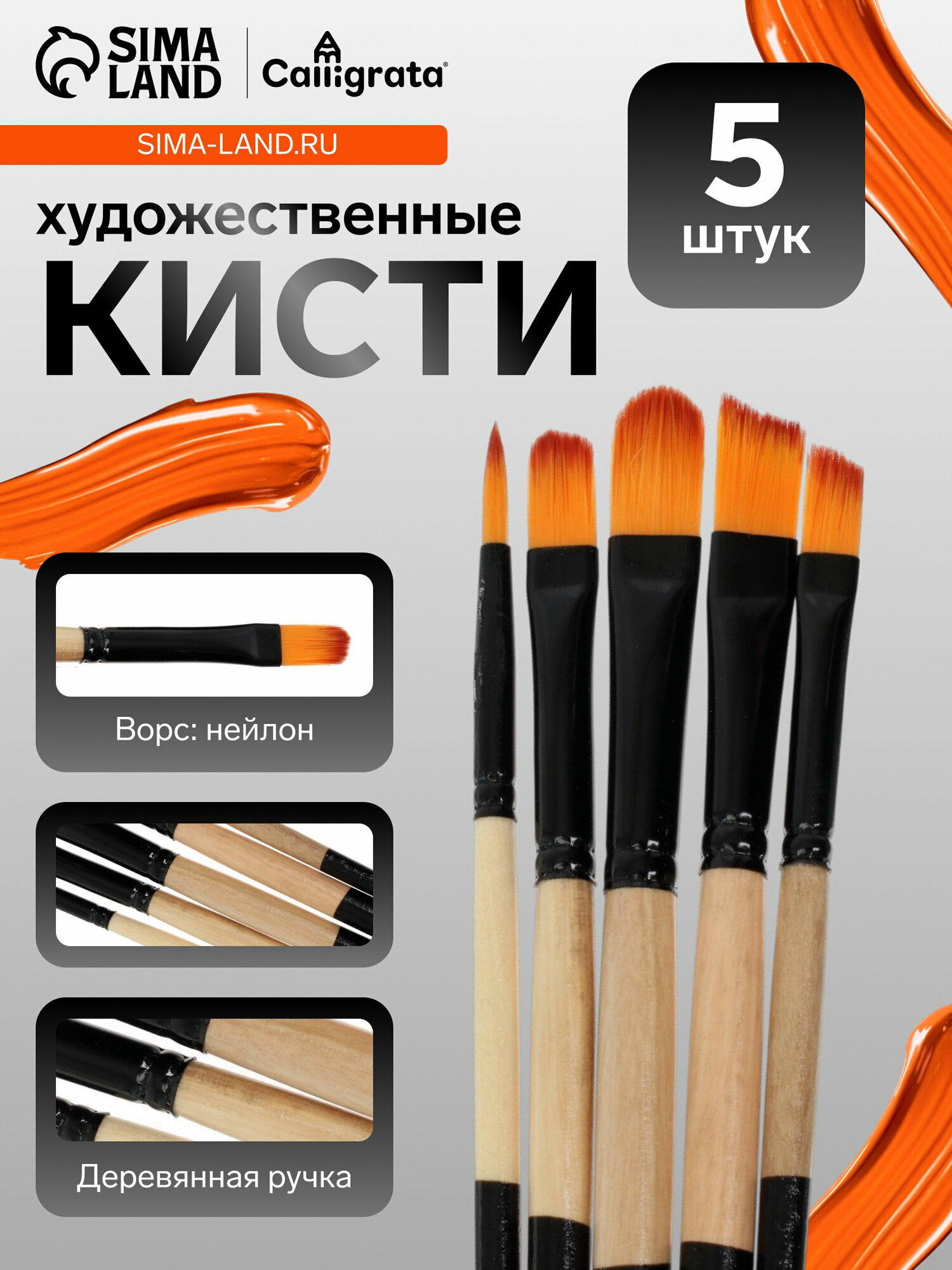 Кисти для рисования, нейлон, 5 штук: круглая, плоские, международный размер