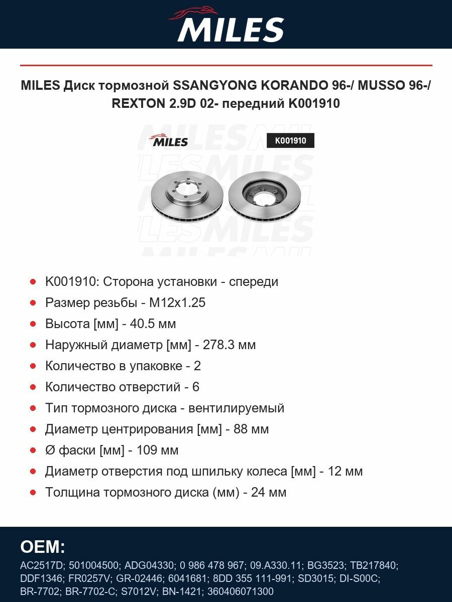 MILES Диск тормозной SSANGYONG KORANDO 96-/ MUSSO 96-/ REXTON 2.9D 02- передний K001910