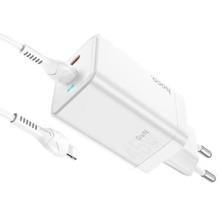 Сетевое зарядное устройство Hoco N23 GaN с шнуром Type-C на Lightning 2C 45W, белое