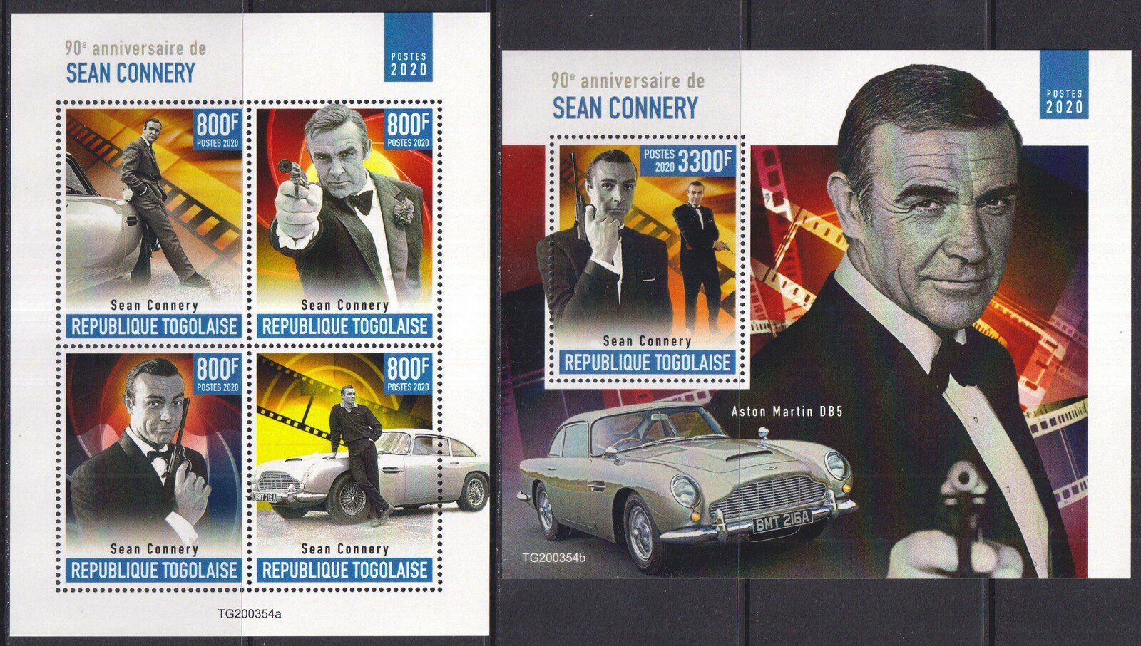 Марки 2020 год Того Шон Коннери Джеймс Бонд 007 Aston Martin #8654-8657+Bl2014 Mnh