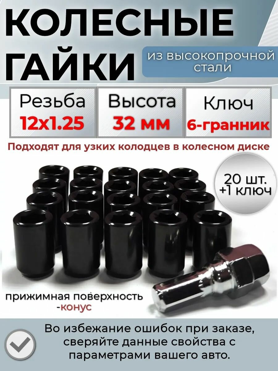 Гайки колесные черные для узких колодцев в диске/колесный крепеж/гайка м12х1.25