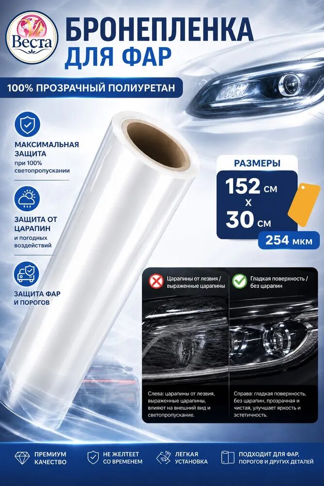 Полиуретановая пленка для фар 30*152 см, 254 мкм, 100% TPU, самовосстанавливающаяся