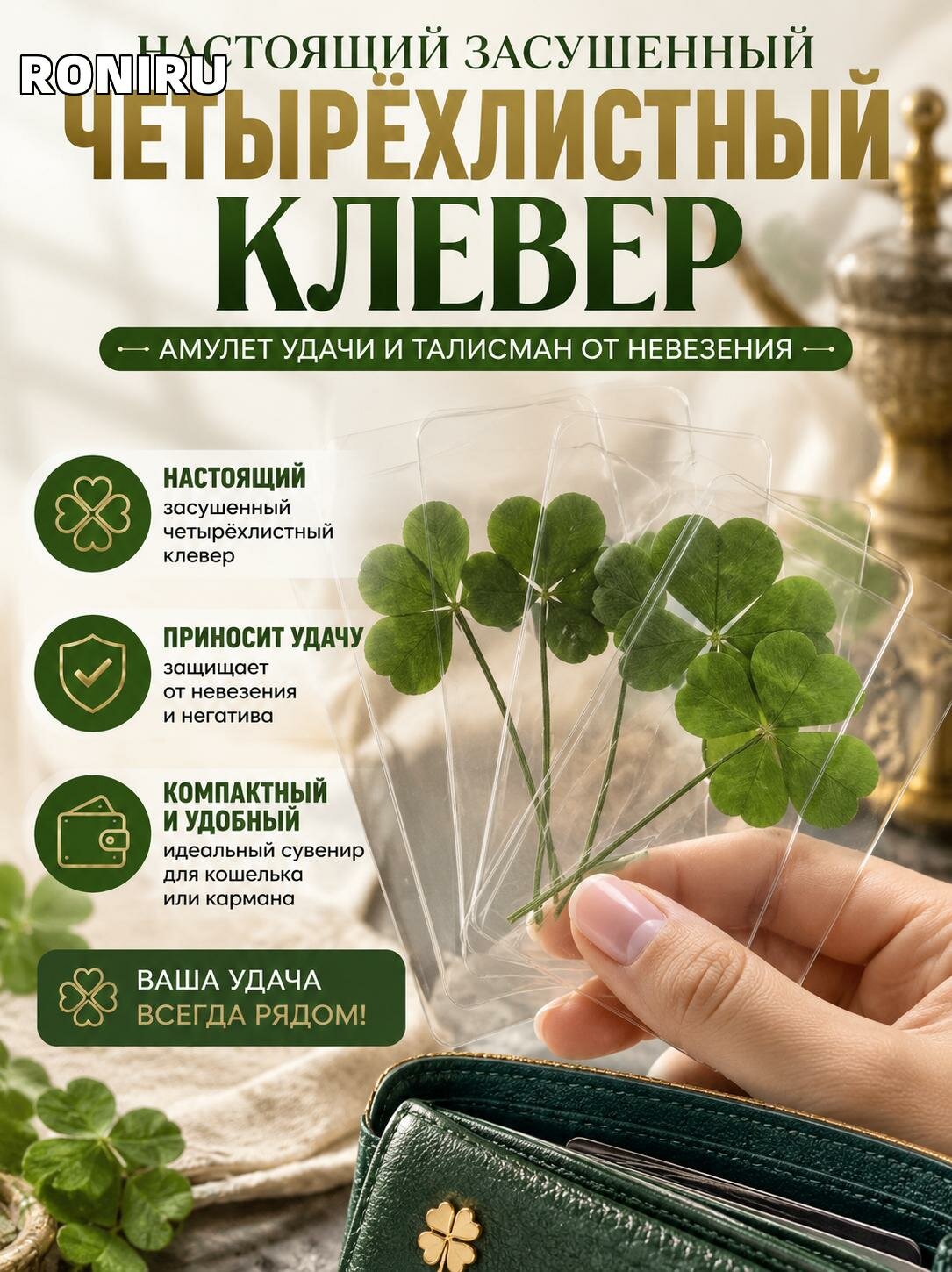 Настоящий засушенный четырехлистный клевер — амулет удачи и талисман от невезения, компактный сувенир для кошелька