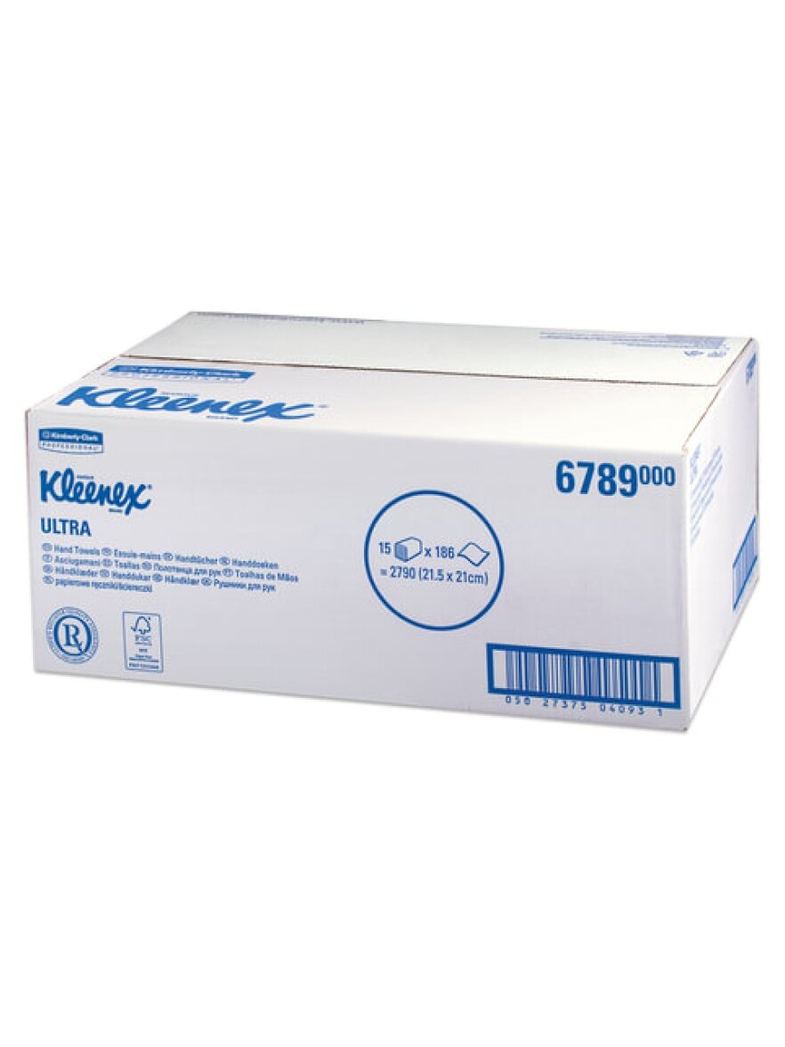 Бумажные полотенца для диспенсеров Kimberly-clark Kleenex, 15 шт./уп, 186 шт, Ultra, 2-х слойные, белые, 21х21,5 см, Interfold (601533-534)6789