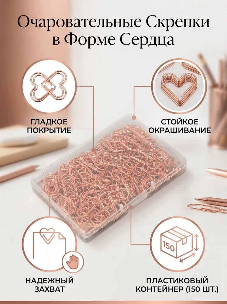 150шт милая скрепка в форме сердца, изысканная нескользящая скрепка с гальваническим покрытием для домашнего офиса, школы, розовое золото