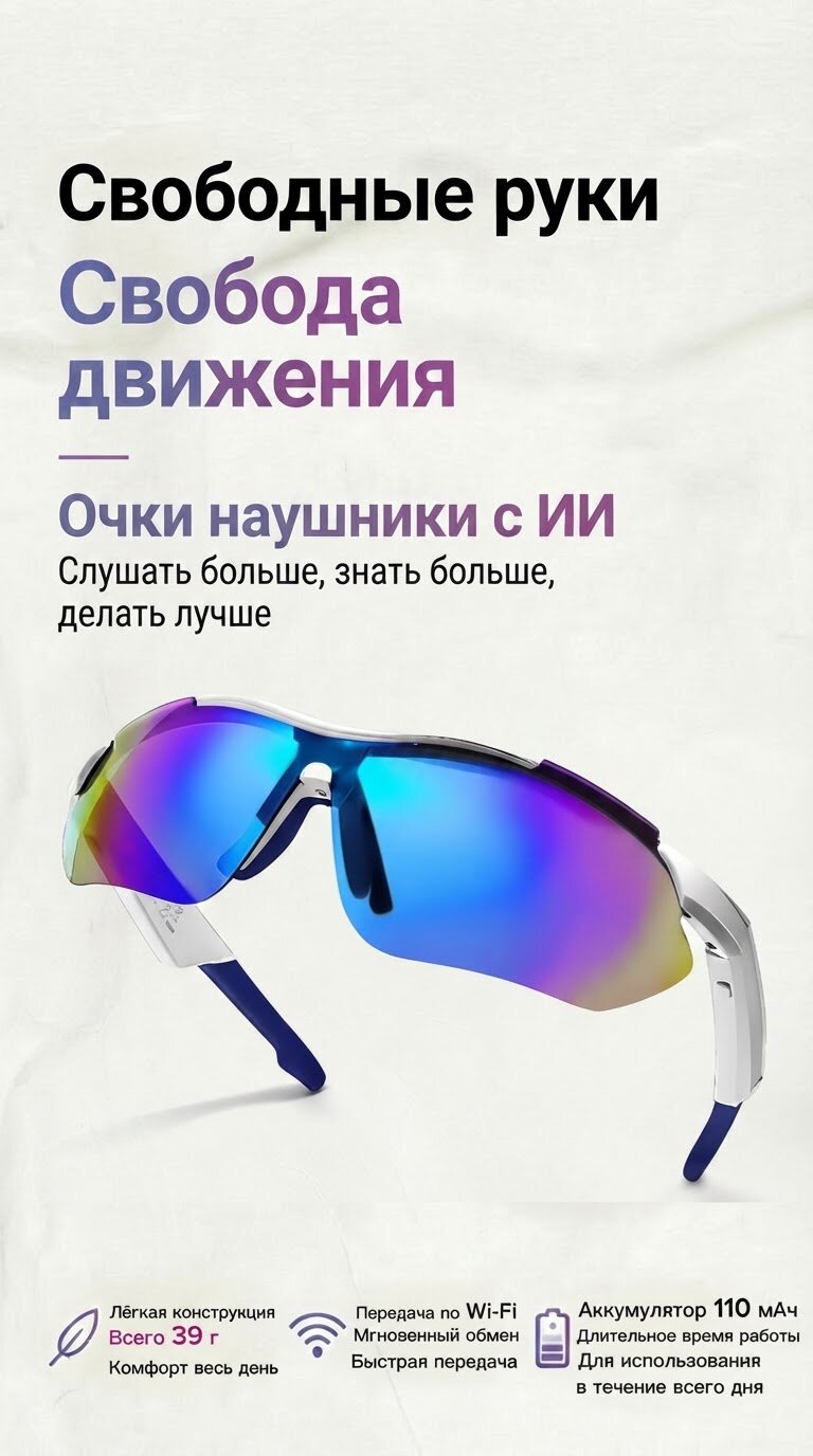Спортивные умные очки-наушники, Bluetooth, перевод на 140 языков, ChatGPT, защита от ультрафиолета, цвет - голубой.