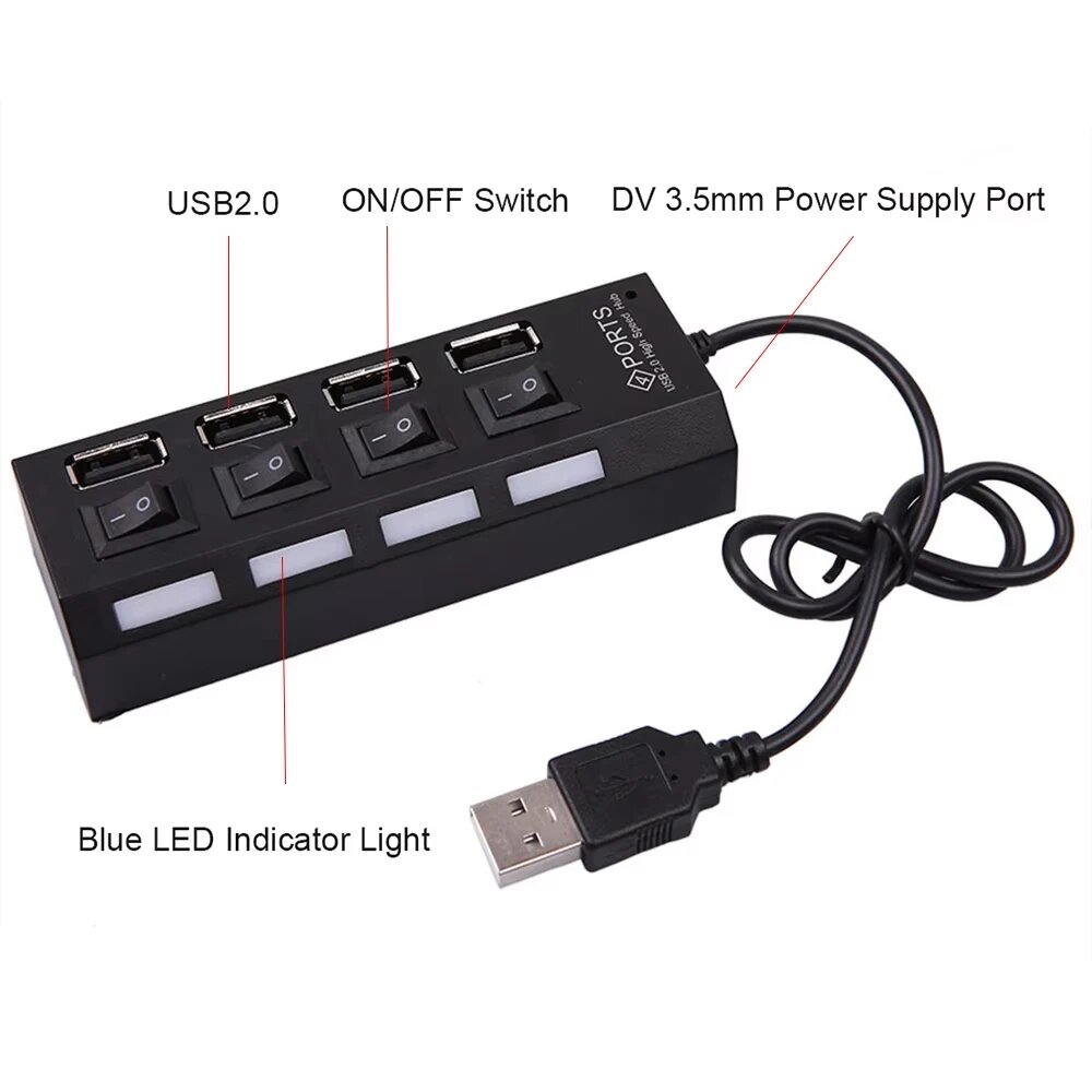 USB-хаб-разветвитель на 4 порта USB 2.0 для компьютера, ноутбука и ПК, 1-к-4 USB 2.0 сплиттер для расширения возможностей под.