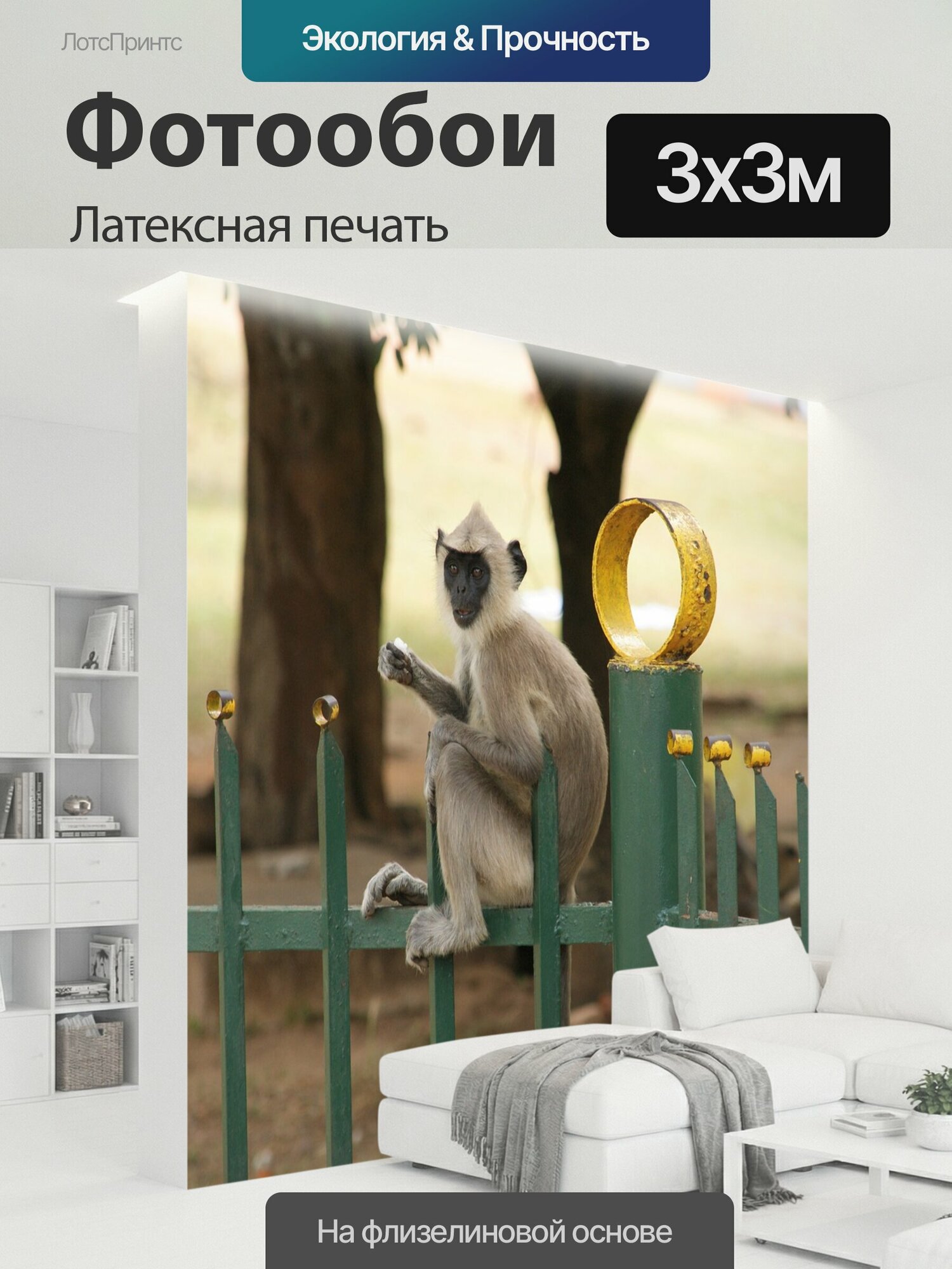 Фотообои моющиеся ударопрочные "Изгородь, обезьяна, шри ланка" 300x300 см. латексная печать