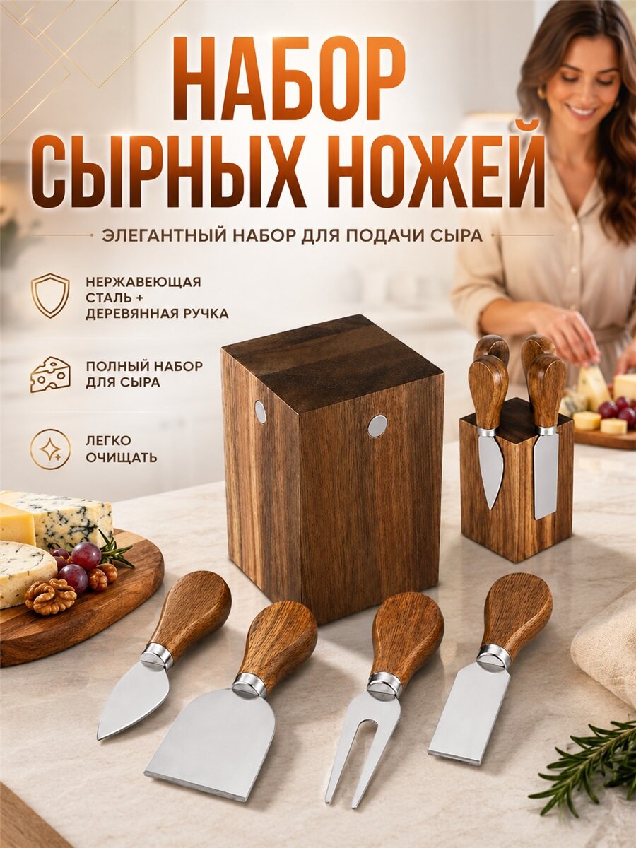 Набор сырных ножей из нержавейки с деревянной подставкой для хранения, удобные деревянные рукоятки, практичный комплект для подачи сыра на праздничные застолья