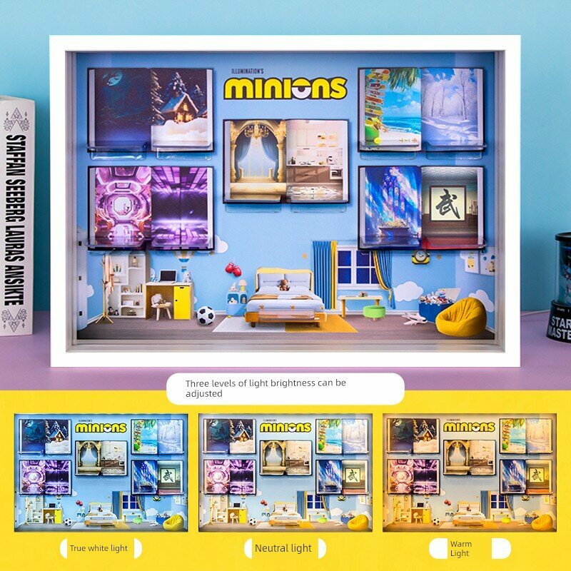 13-панельная коробка для демонстрации серии 'Миньоны Сны' от Pop Mart Minions BOB и TIM, белая с улучшенной подсветкой,