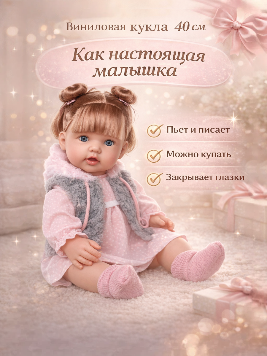 Кукла пупс виниловая для девочек рост 40 см, с расческой, пьет и писает, закрывает глаза