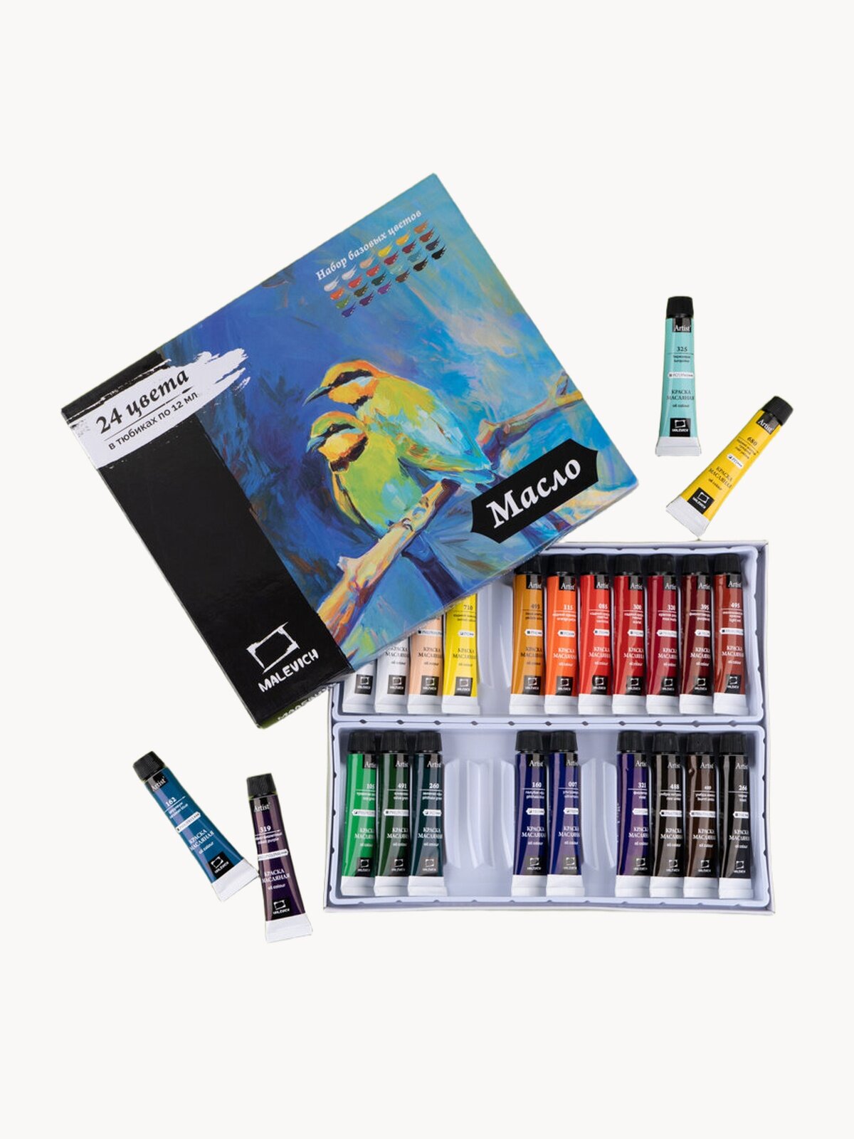 Набор масляных красок Малевичъ, 24 цвета, масло художественное в тубах, глянцевые