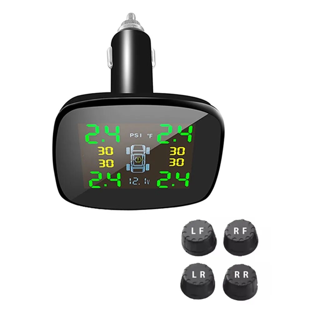 USB-прикуриватель с интеллектуальной системой контроля давления в шинах (TPMS), температурным сигналом и 4 внешними датчиками, отображающими