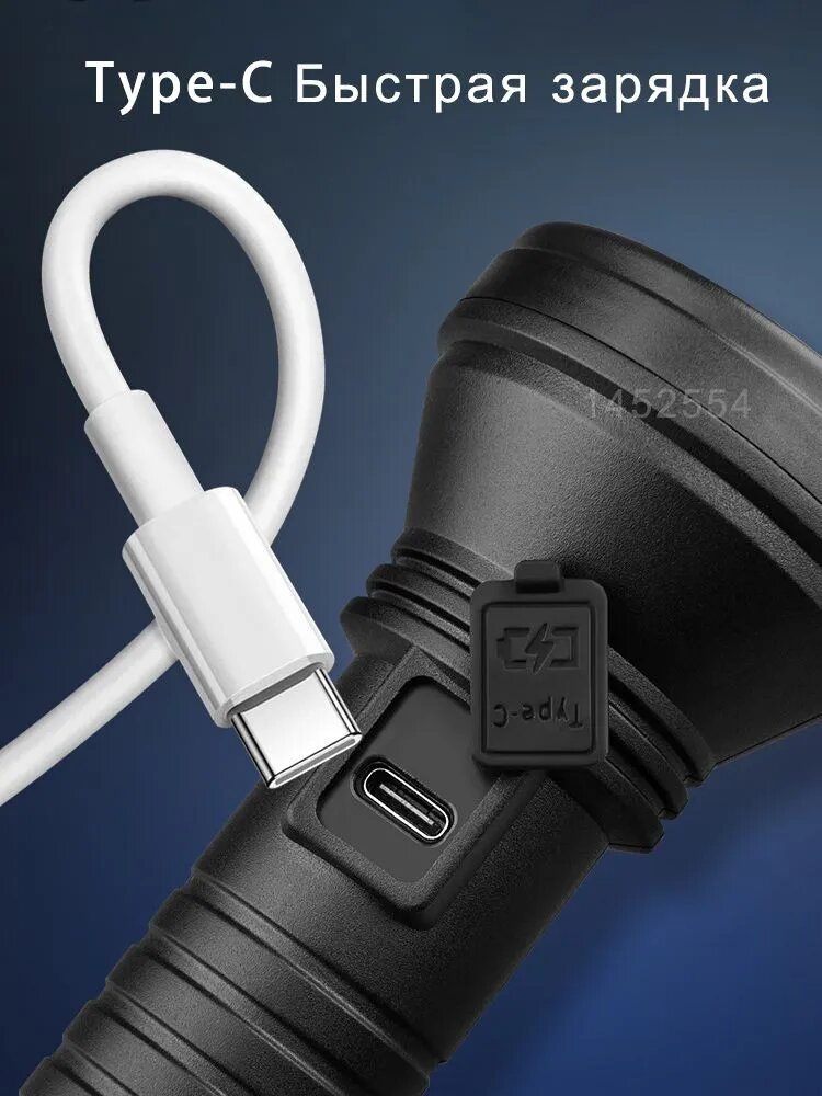 Фонарь-прожектор портативный USB Type-C, 1500 Лм, 25 Вт, 4 режима, IP33, алюминий/пластик, черный — фото 1