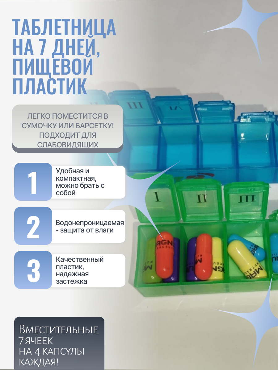 Контейнер для капсул TSP "KL-7503", зеленый, гипоаллергенный, 7 отсеков