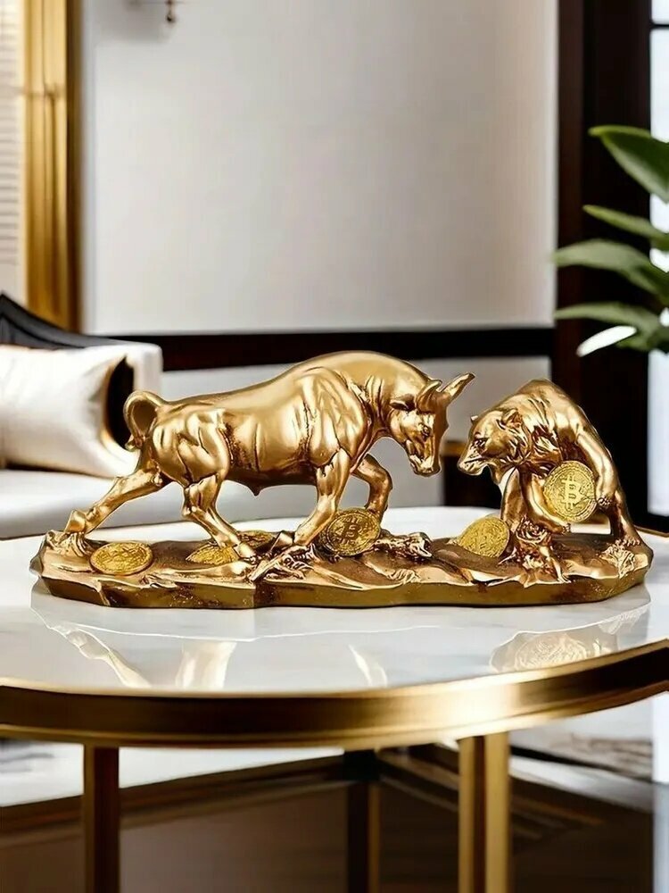 Фигурка Бык и Медведь с биткоинами, размер 28 11.5 8 см Декор для дома и офиса, Символ финансового успеха