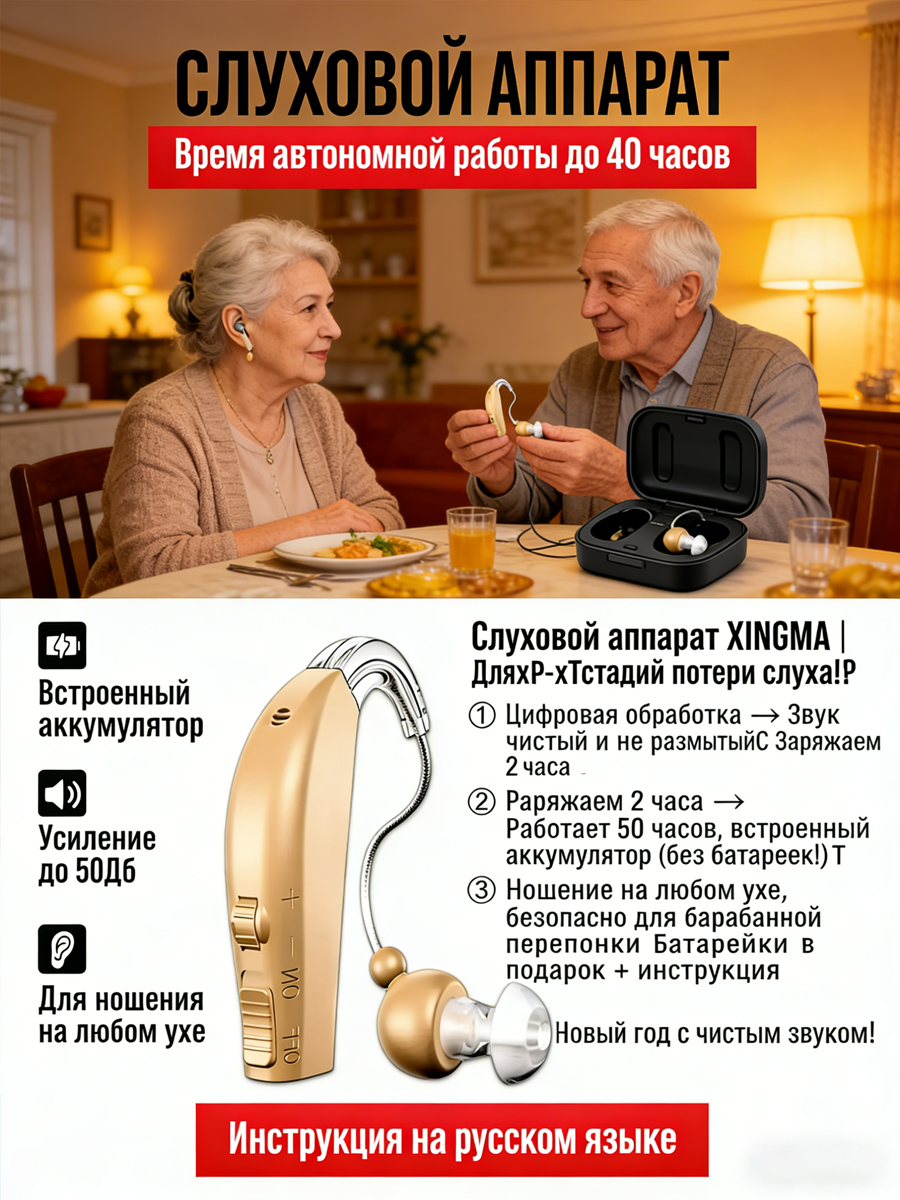 Накладной слуховой прибор с зарядным устройством для пожилых и взрослых