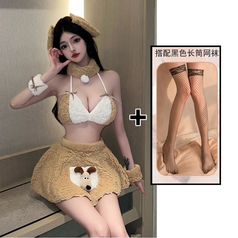 Новогодний боевой халат, сексуальное нижнее белье, милый плюшевый медведь, аниме-униформа, женский комплект для ночного клуба, снимать не нужно. Плюшевая девушка-зайчик + черные сетчатые чулки.