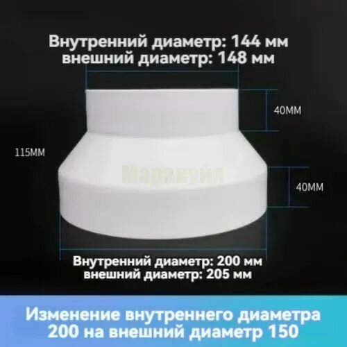 Вентиляционная трубка-редуктор воздуховода от 200 мм до 150 мм