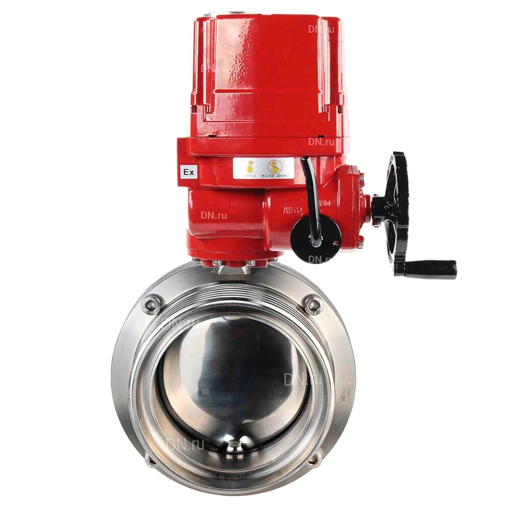 Затвор дисковый поворотный DN.ru 304-304-Sil-2W-T-H Ду100 Ру10 пищевая нержавеющая сталь 304, уплотнение - Silicon, с электроприводом DN. ru EX-010 24В