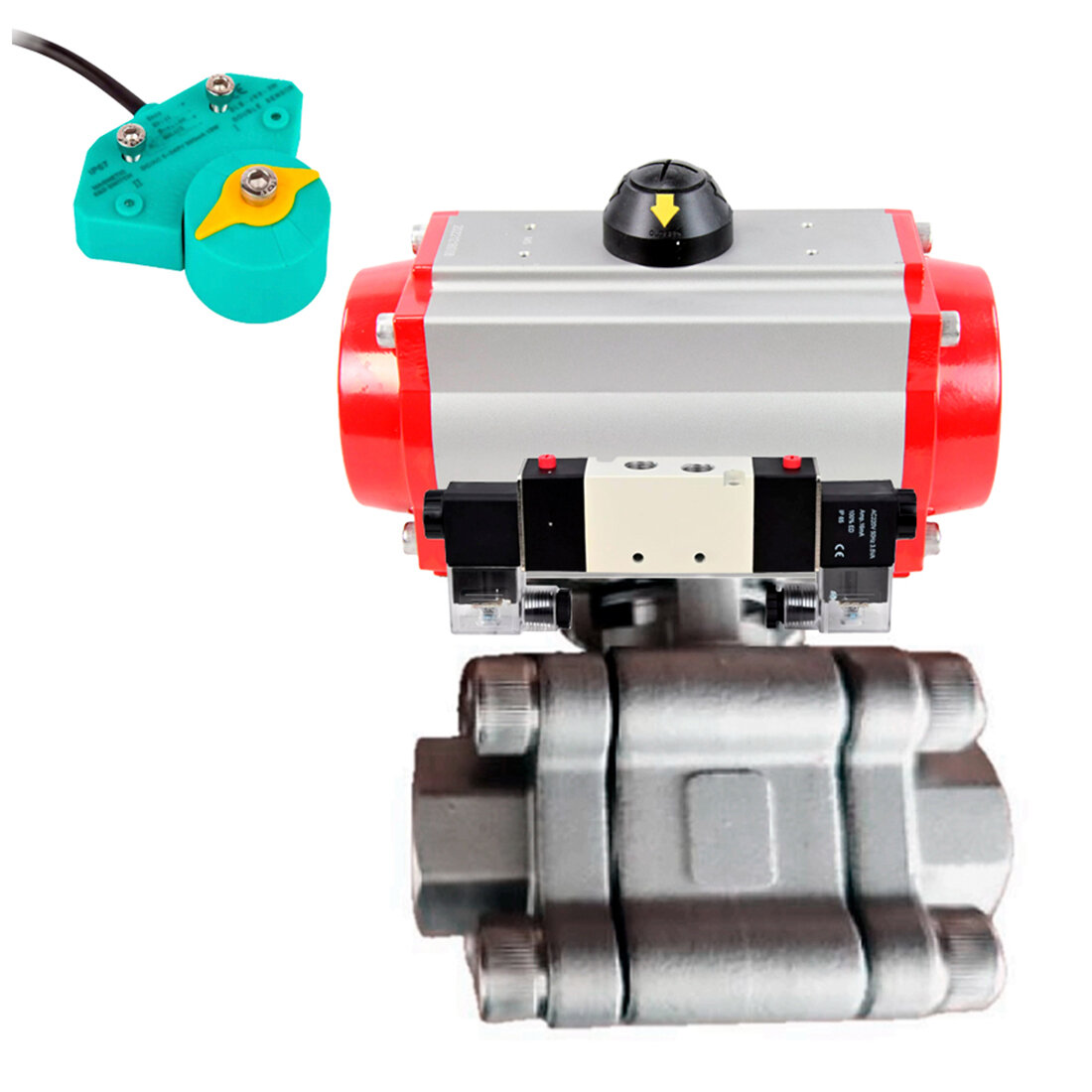 Кран шаровой DN.ru 316-316-PTFE-FP-SW-ISO-H Ду40 Ру63 полнопроходной, корпус - нержавеющая сталь SS316, под приварку, с пневмоприводом SA-105, пневмораспределителем PND1-S2EM-52-2-T10-220VAC, магнитным переключателем МППП-200 (опрессовано)