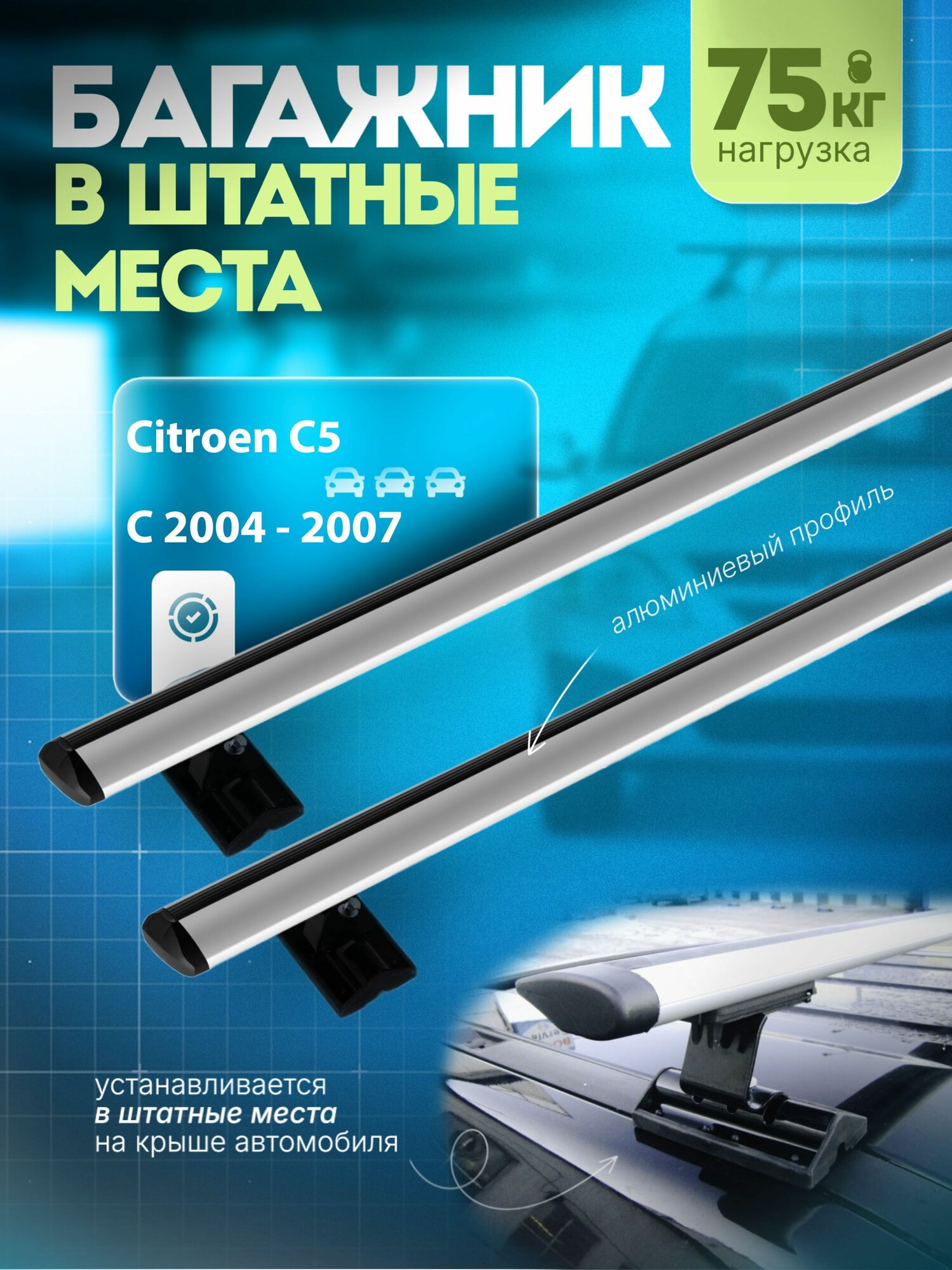 Багажник на крышу автомобиля в штатные места C-15 на Ситроен С5 Седан / Citroen C5 (с 2004 - 2007 г.) крыловидные дуги 120см