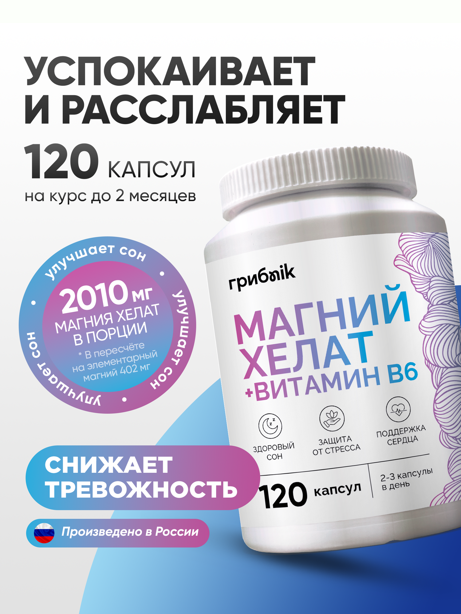 Магний в6, магний хелат ( глицинат ) 400мг, от стресса, для сна, 120 капсул, ГрибNik