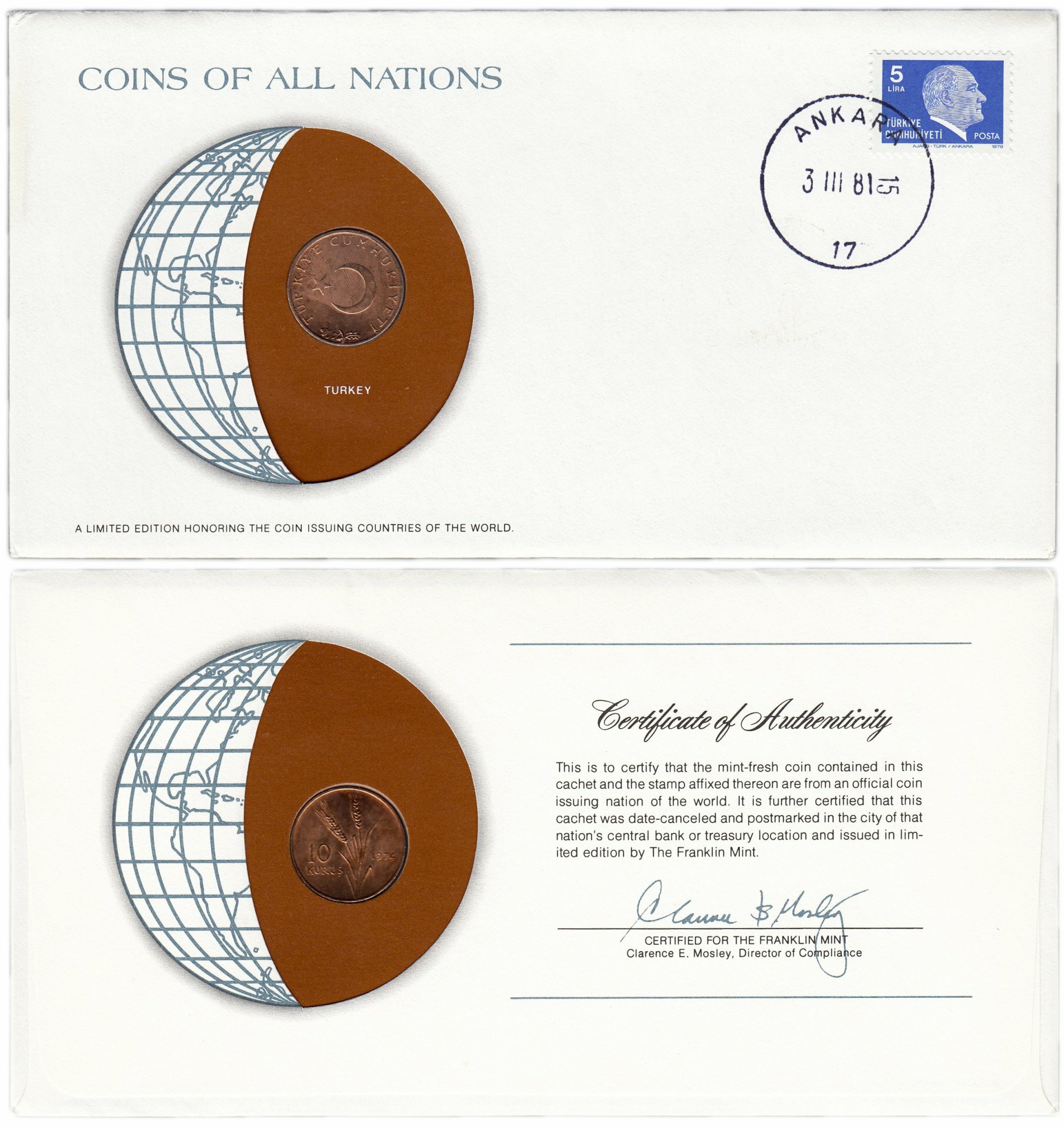Серия "Монеты всех стран мира" - Турция 10 курушей kurus 1974 монета и 1 марка в конверте, Бронза, в сохранности XF