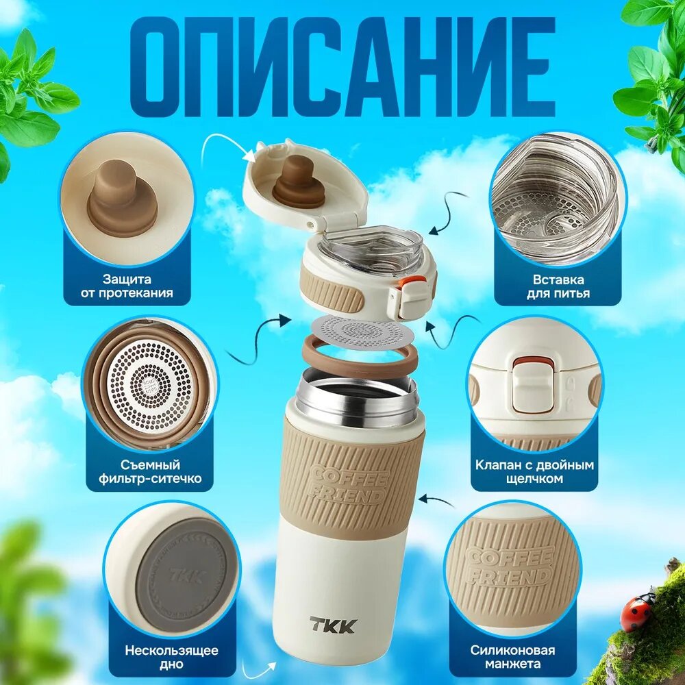 Термокружка TKK Premium 450 мл, универсальная, сохраняет тепло и холод до 6 часов, для кофе и чая, бежевая и белая — фото 1