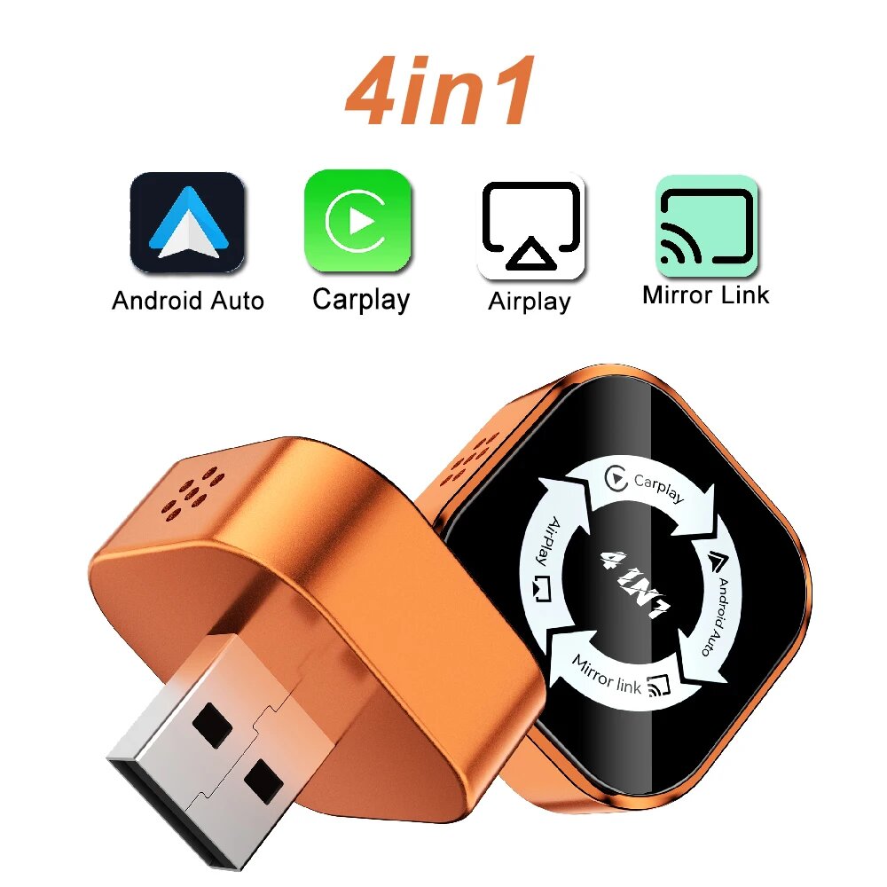 2026 Обновление беспроводного адаптера Carplay 4в1 Airplay Mirror Link WiFi + BT Smart Car Black